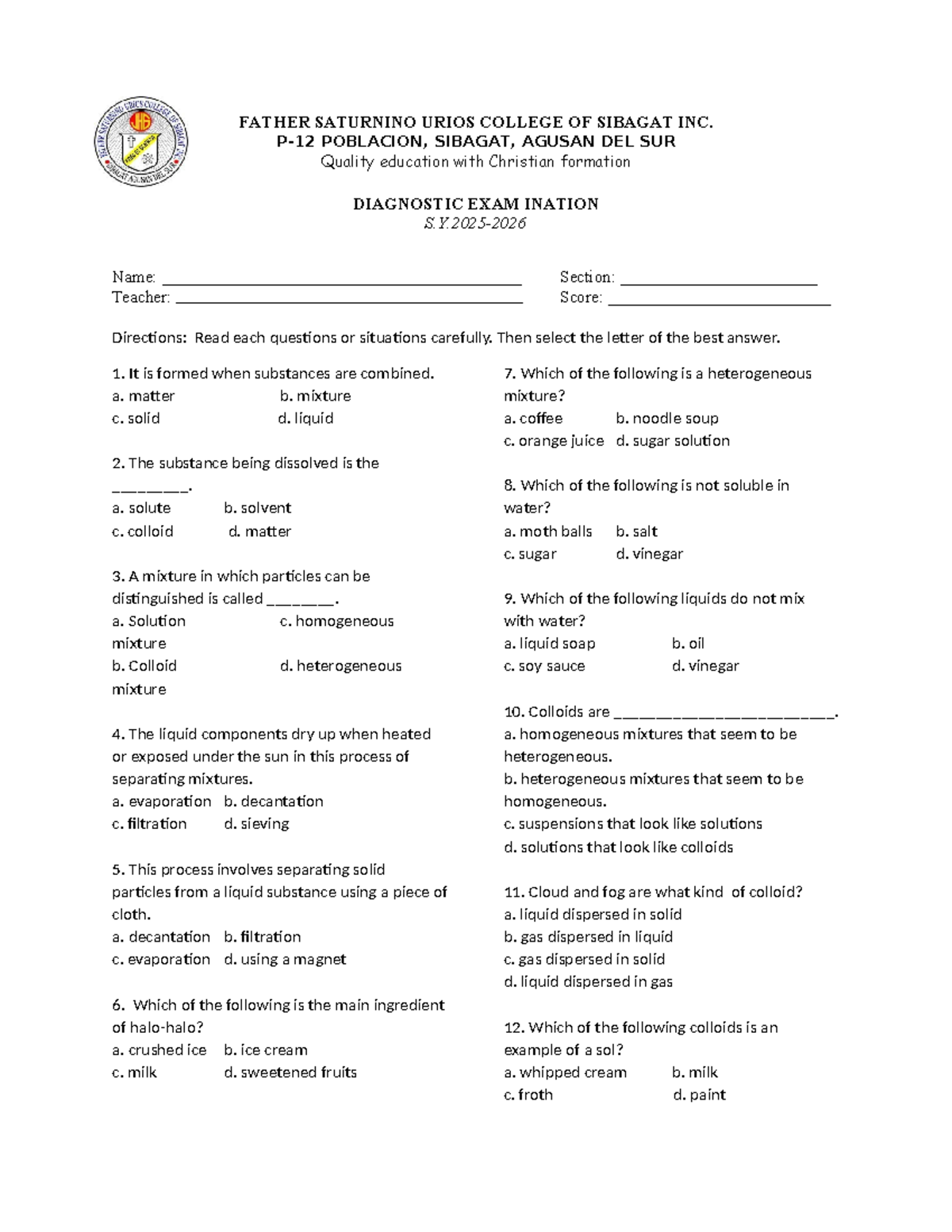 1st Quarter Diagnostic Exam in Science-7: Mixtures and Systems - Studocu