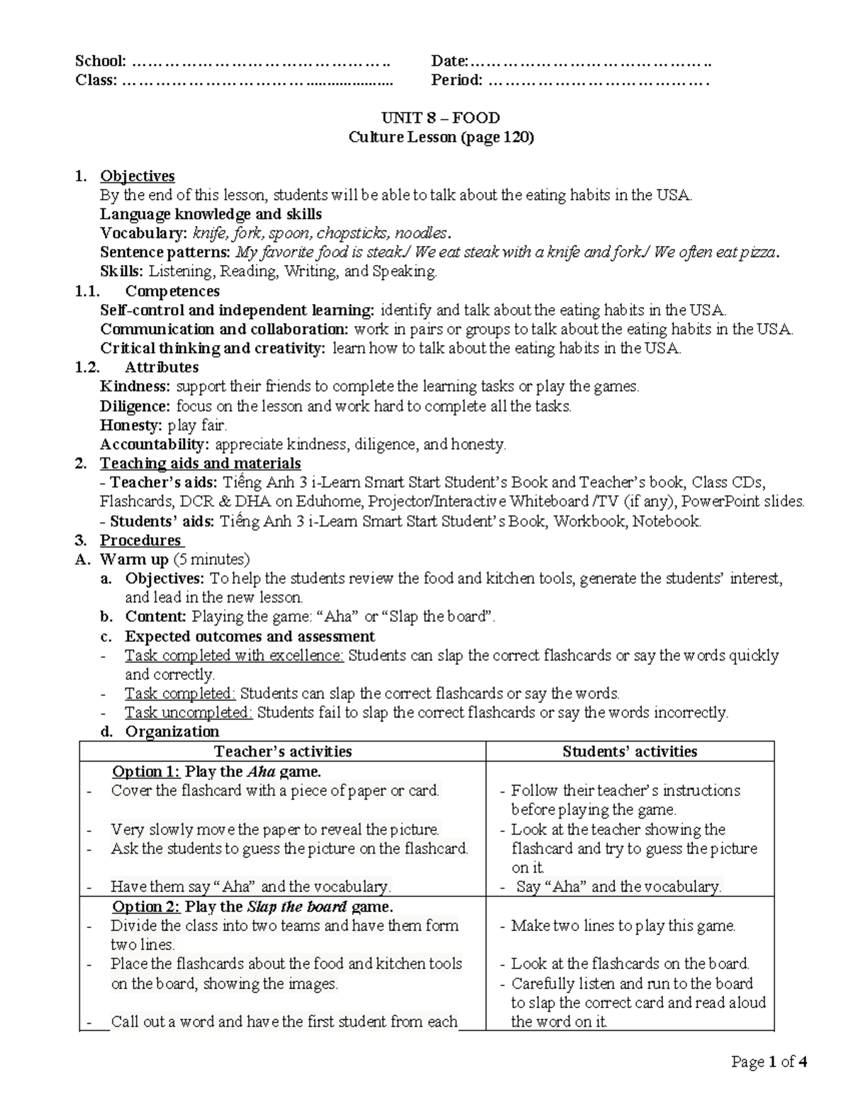 Unit 8 - Food Culture Lesson Plan (Page 120) - Studocu