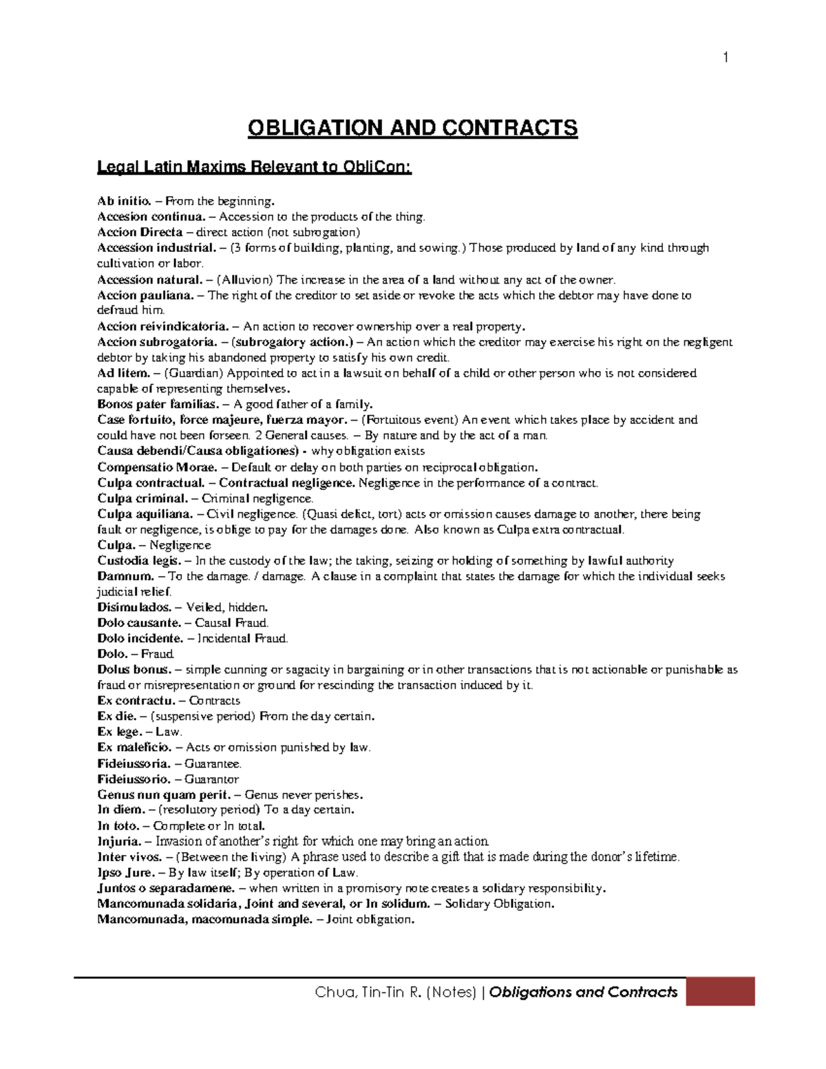 Oblicon-Notes-Summary - OBLIGATION AND CONTRACTS Legal Latin Maxims ...