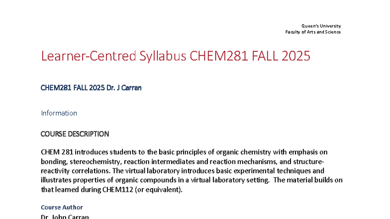 CHEM 281 - Organic Chemistry Syllabus Fall 2025 - Studocu