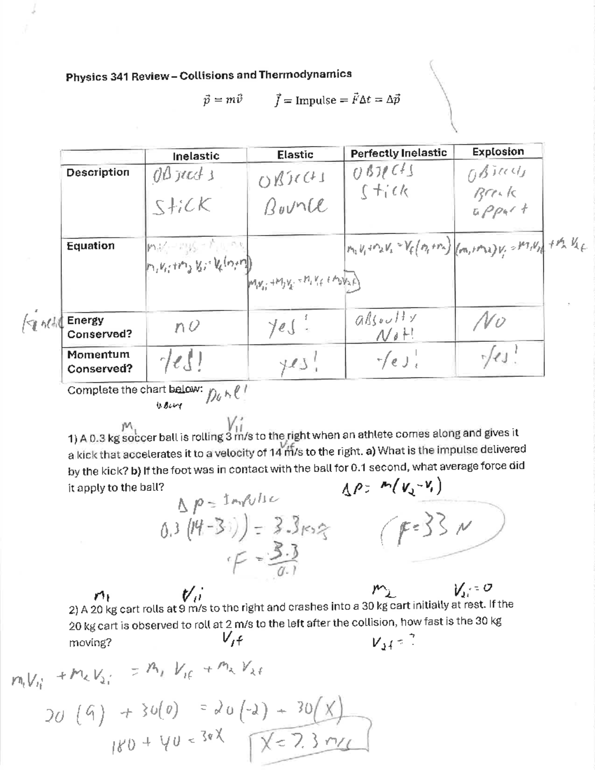 Final Exam Review for Physics 341: Collisions & Thermodynamics - Studocu