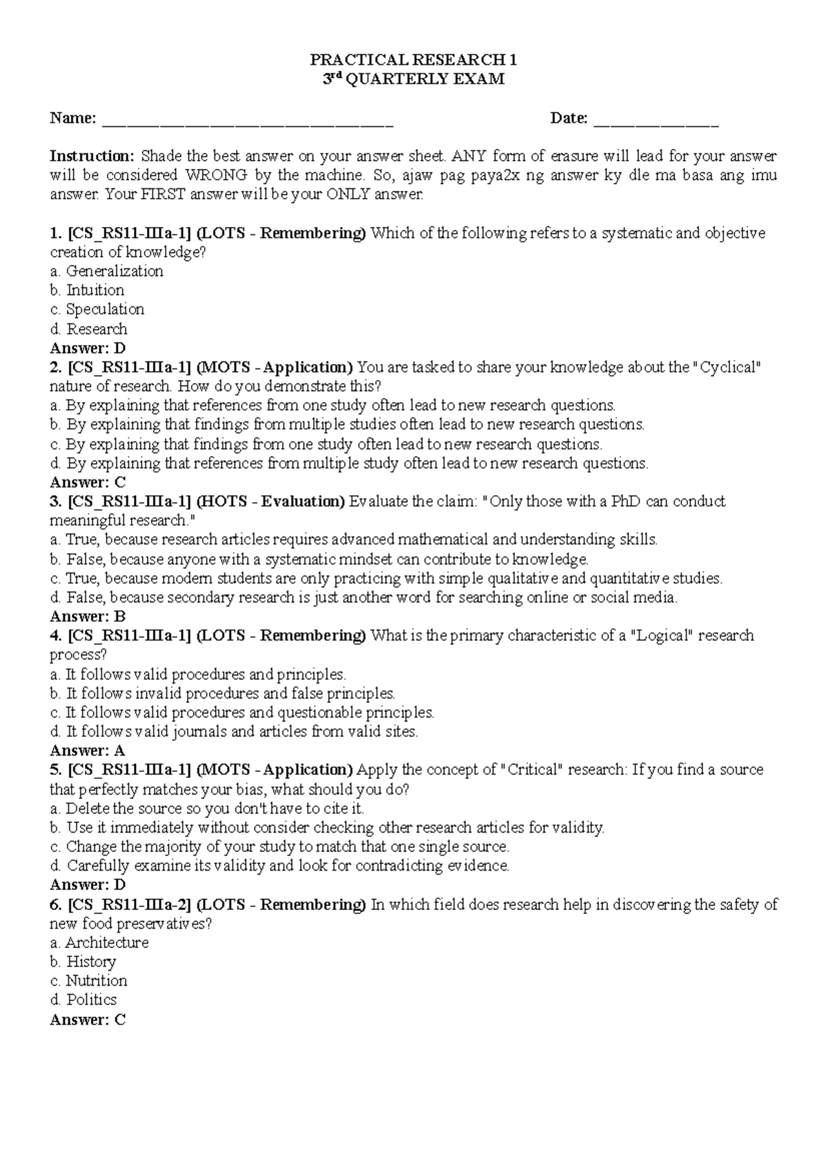 PRACTICAL RESEARCH 1 3rd QUARTERLY EXAM Answer Key - Studocu