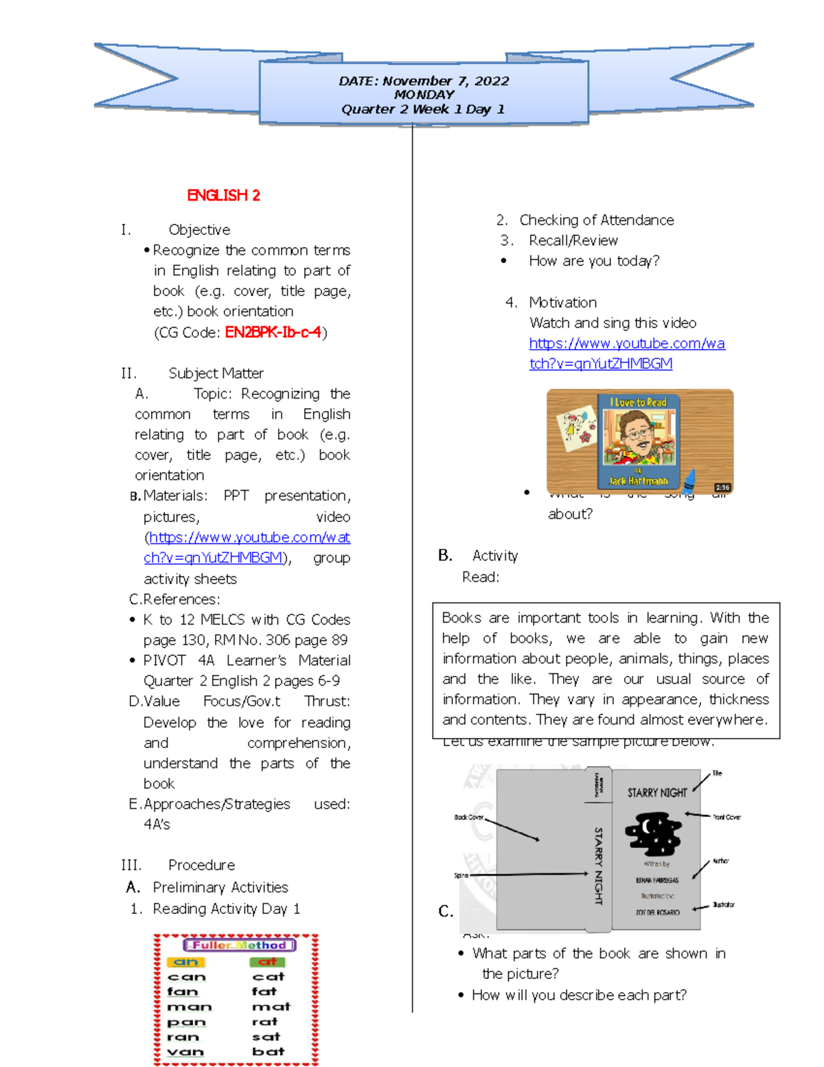 English 2 DLP Q2 Week 1: Recognizing Parts of a Book - Studocu