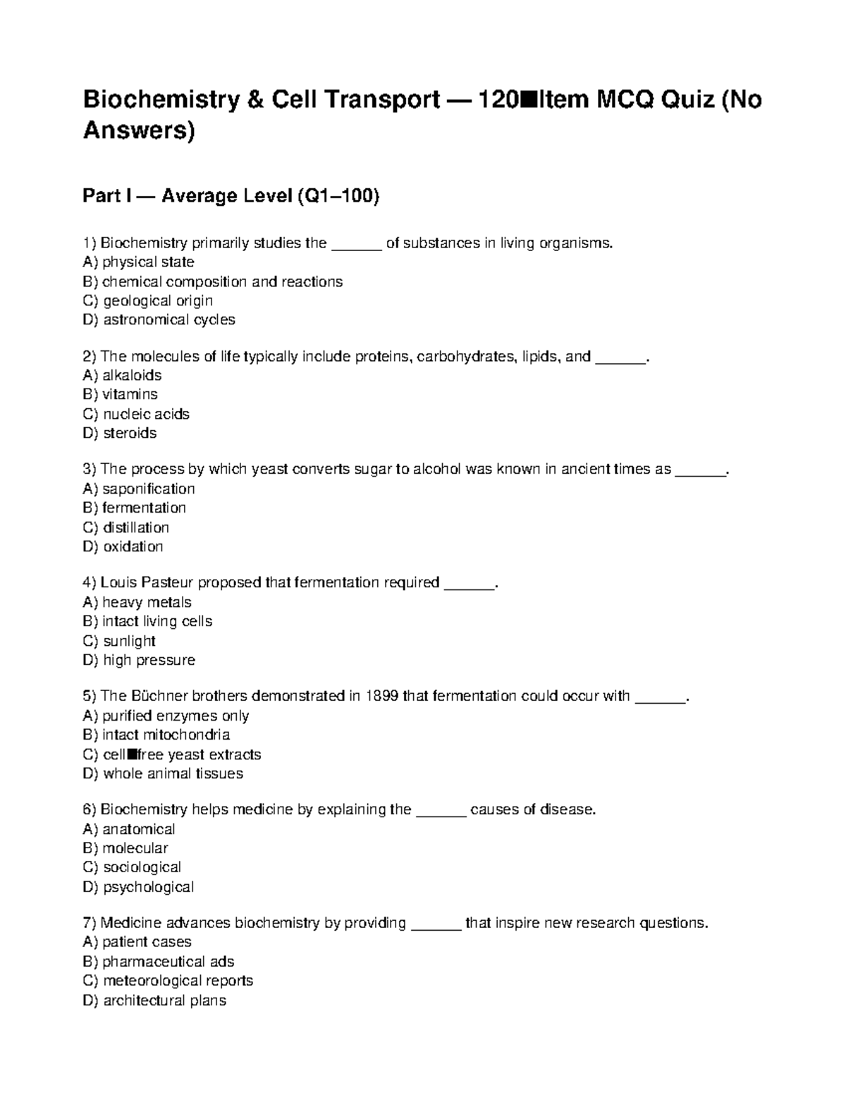 Biochemistry Cell Transport MCQ Quiz (No Answers) - Part I - Studocu