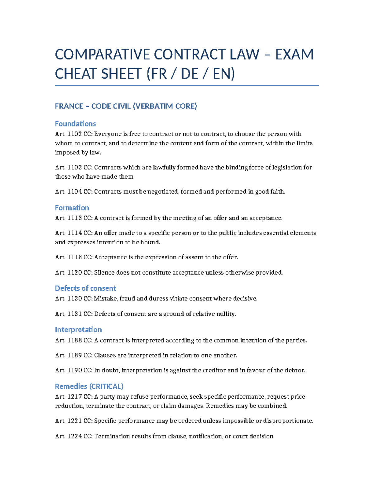 COMPARATIVE CONTRACT LAW EXAM CHEAT SHEET (FR DE EN) - Studeersnel