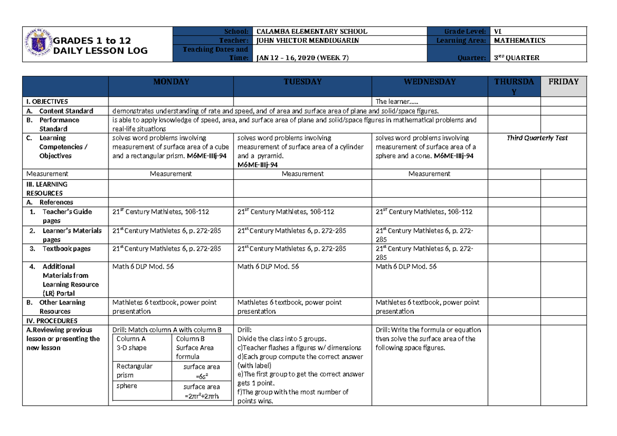 Daily Lesson Log (DLL) for Mathematics 6 - Q3 W7 - Studocu