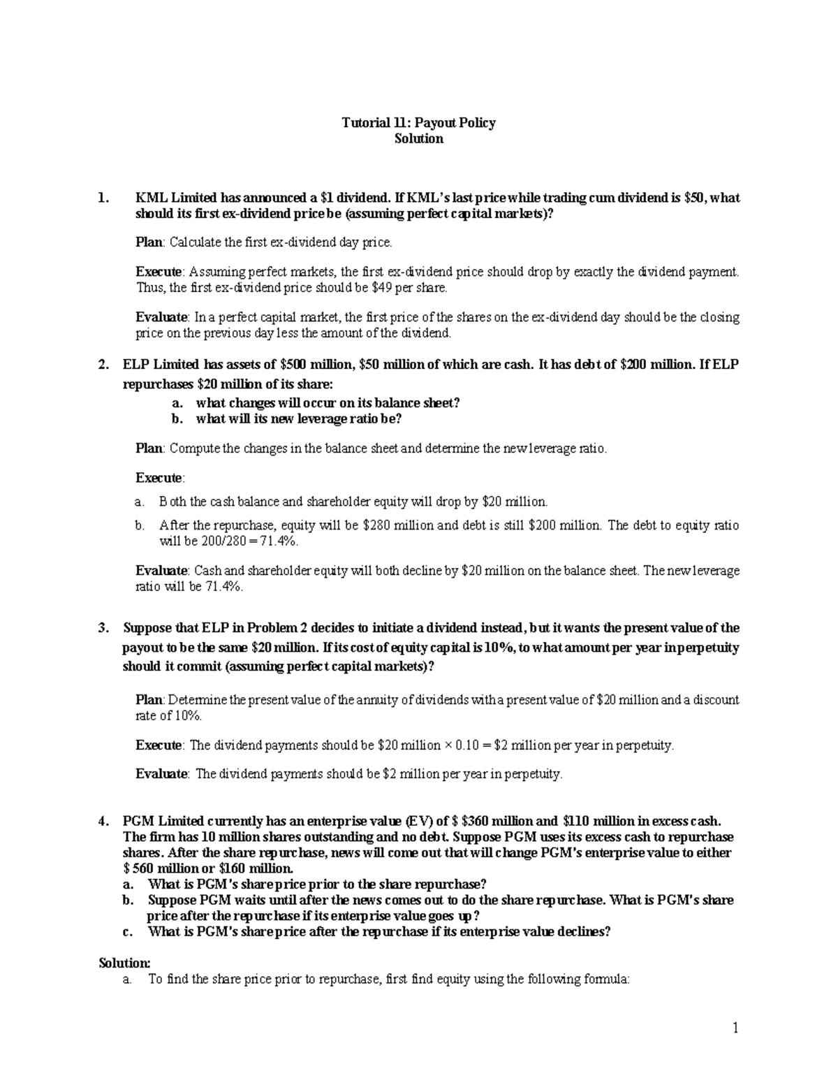 11 payout solution - Tutorial answer - 1 Tutorial 11: Payout Policy ...