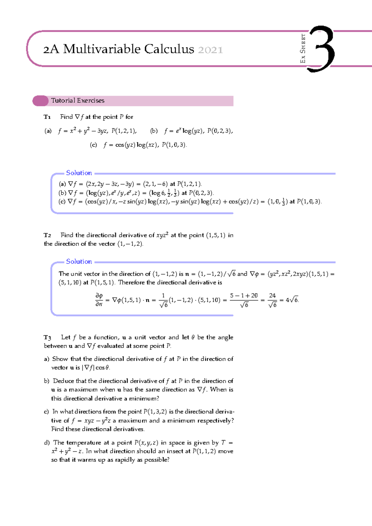 2A Multivariable Calculus - Exercise 3 with Solutions - Studocu