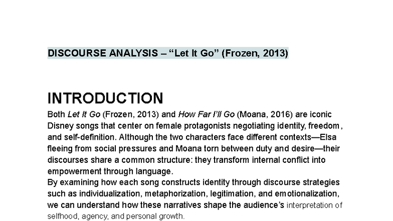 Discourse Analysis of Disney Songs: Identity in Frozen & Moana - Studocu