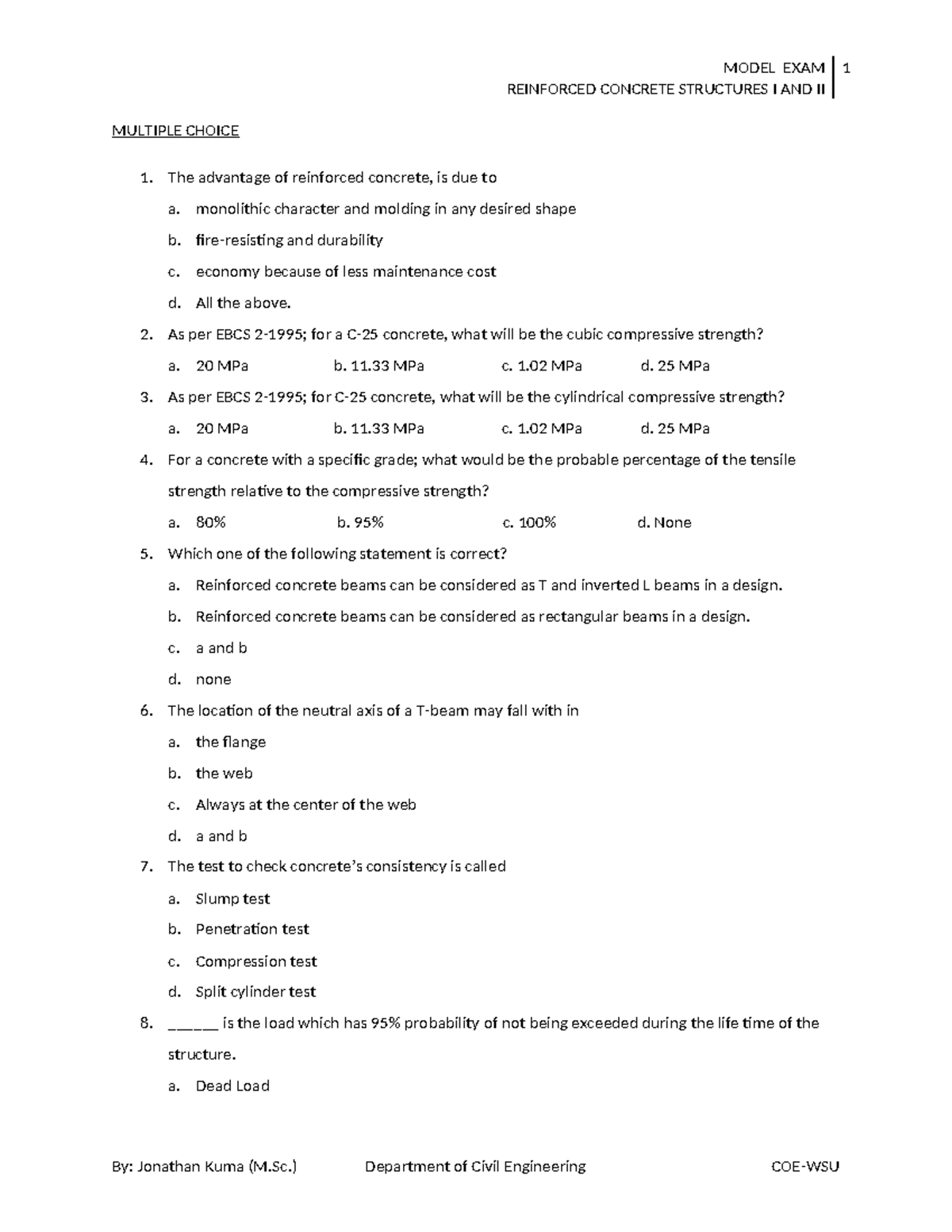 Model exam on RC I and II - This is prepared to help students on ...