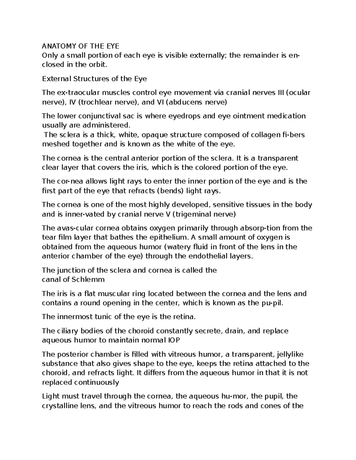 Anatomy of the Eye - Study Guide for Nursing 101 - Studocu