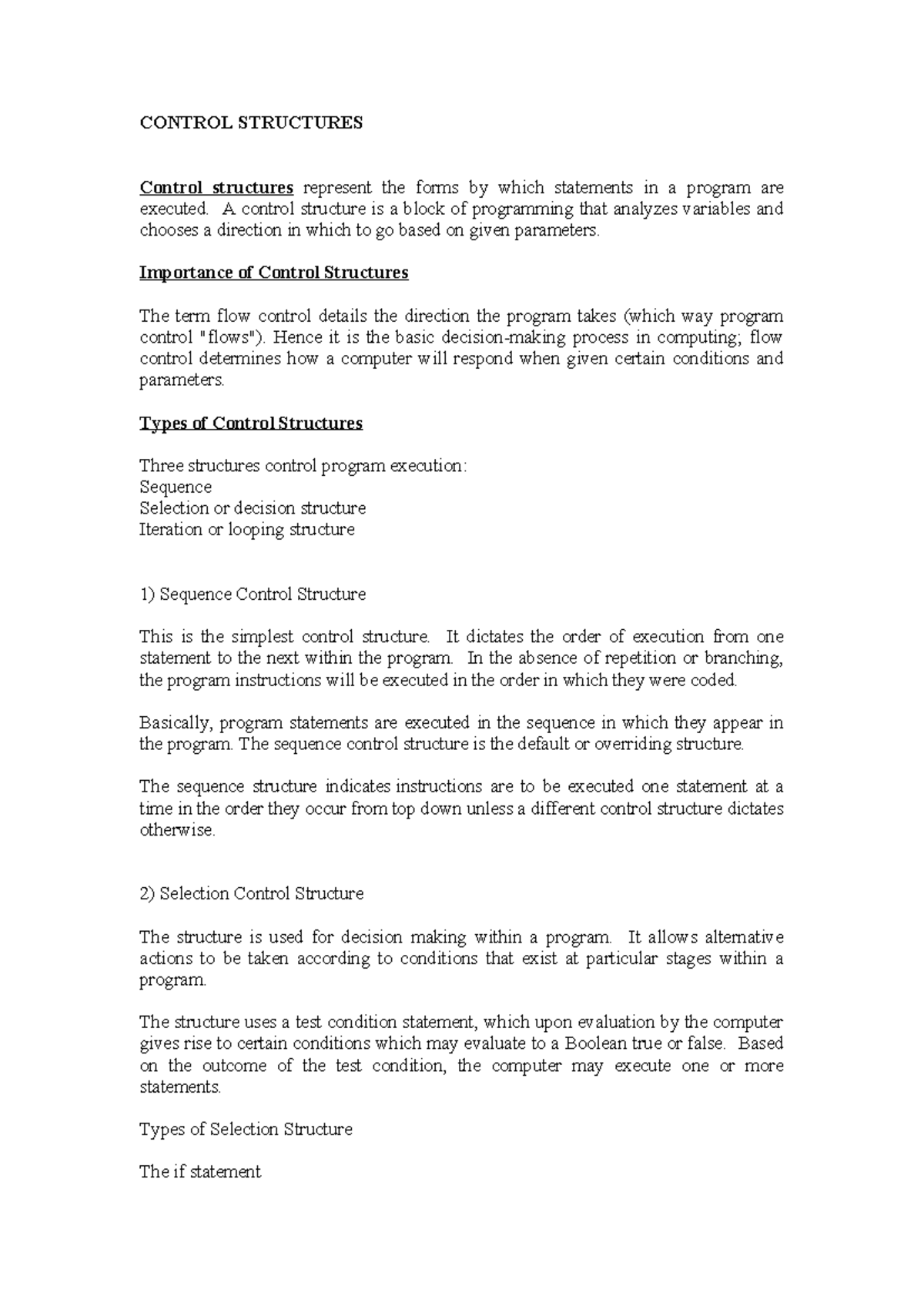 Selection Control Structures: Understanding Decision-Making in Programming - Studocu