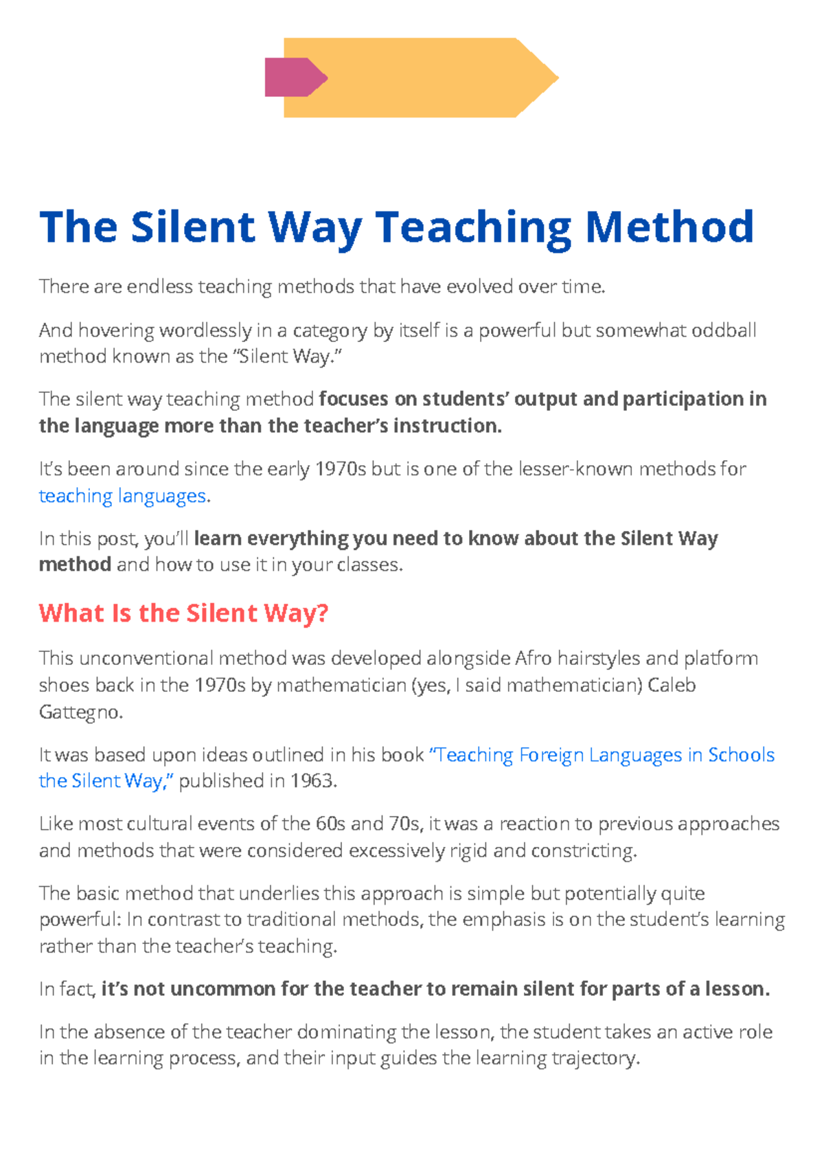 The Silent Way Teaching Method: A Guide for Language Instructors - Studocu