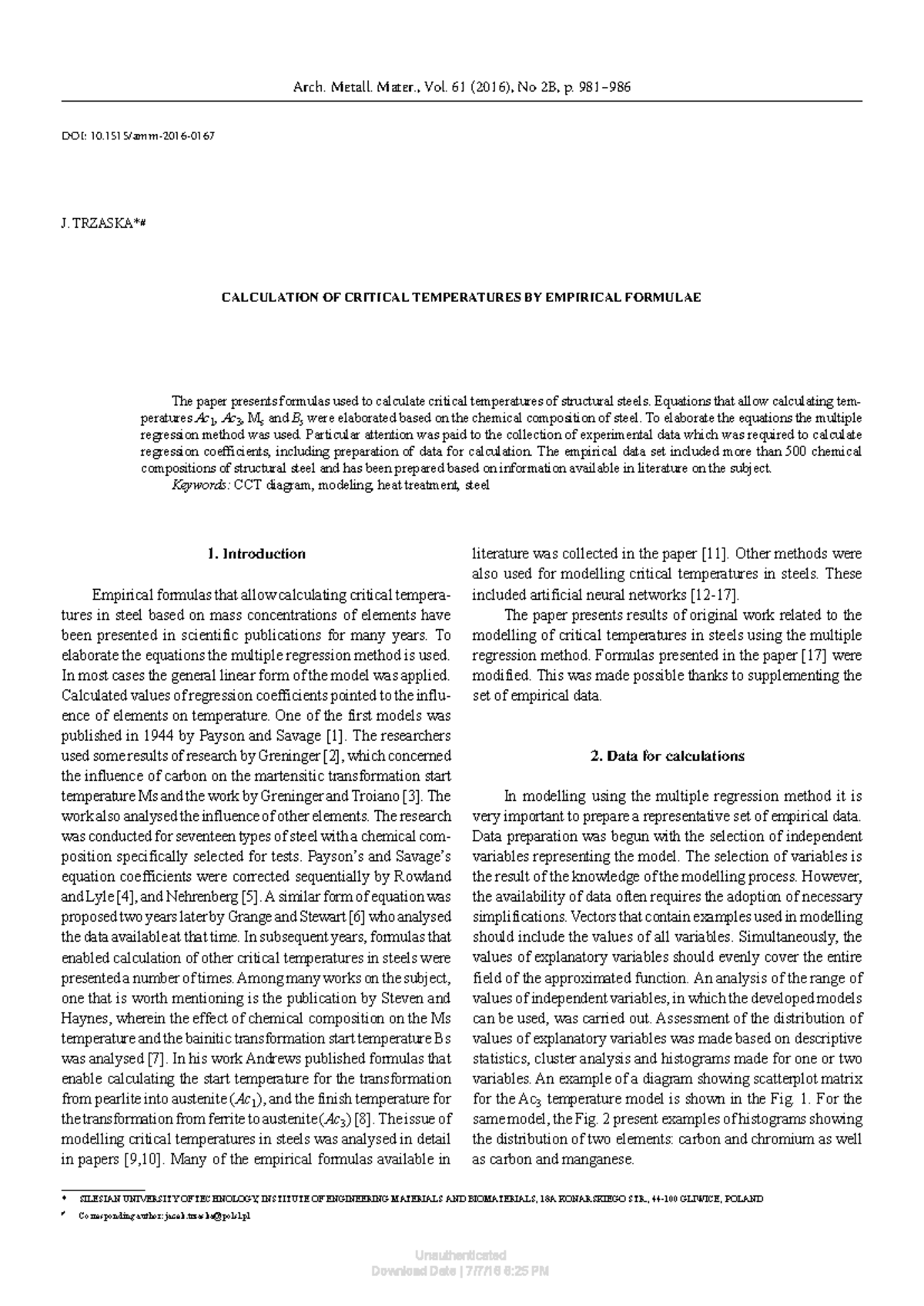 Empirical Formulas for Calculating Critical Temperatures in Steels ...