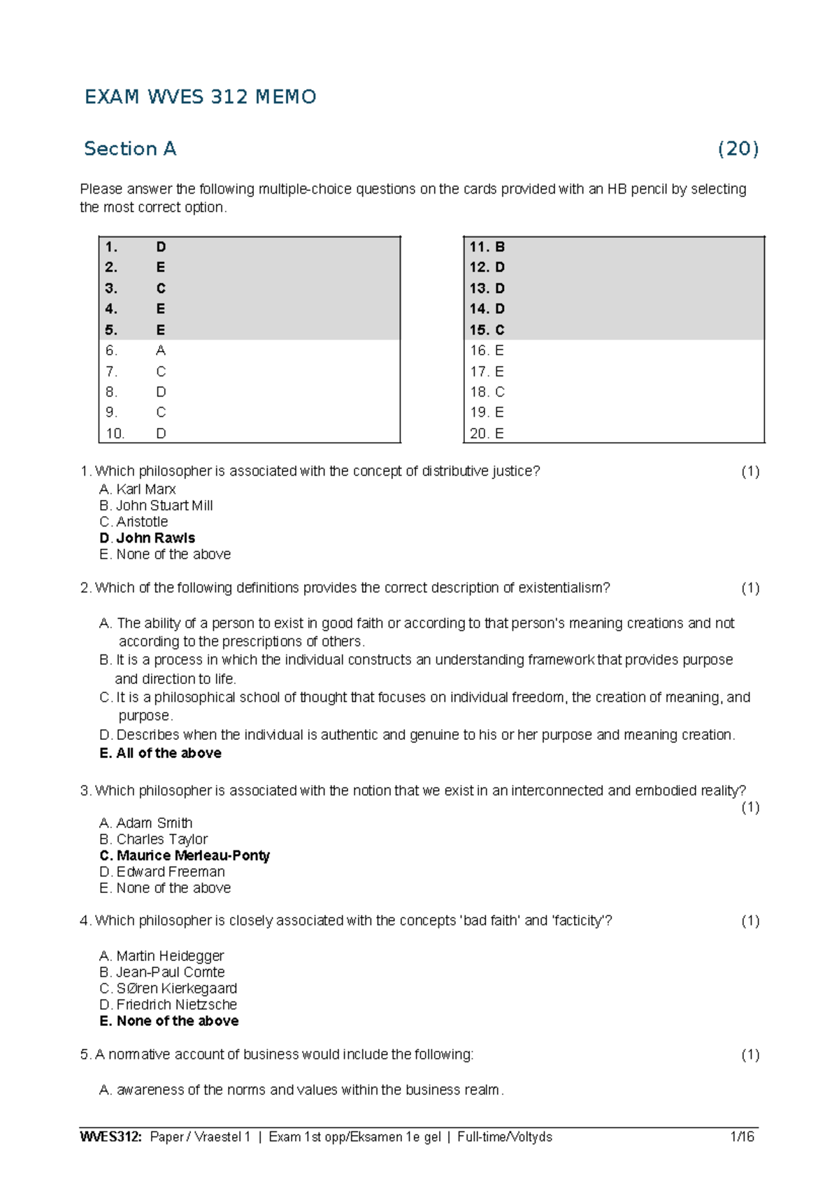 WVES312: Final Exam Memo Section A & B Analysis 2025 - Studocu