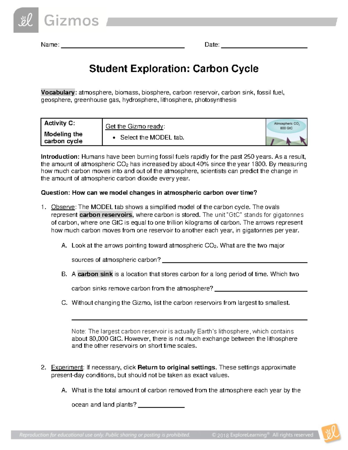 Carbon Cycle Exploration: Modeling Activity C for 2018 - Studocu