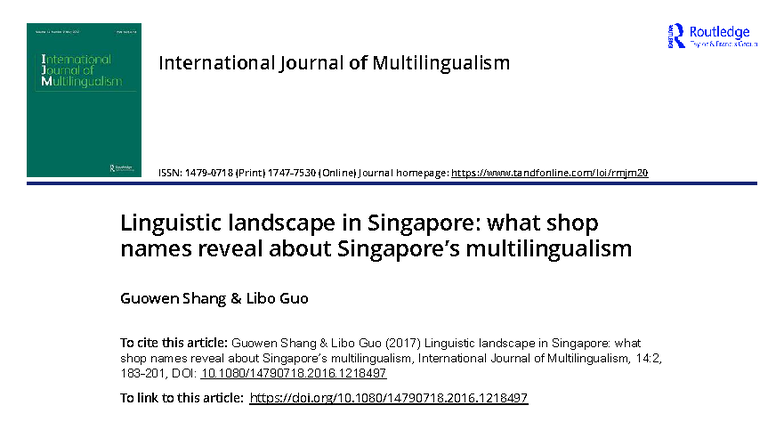 Lecture 7: Linguistic Landscape in Singapore - Insights on ...