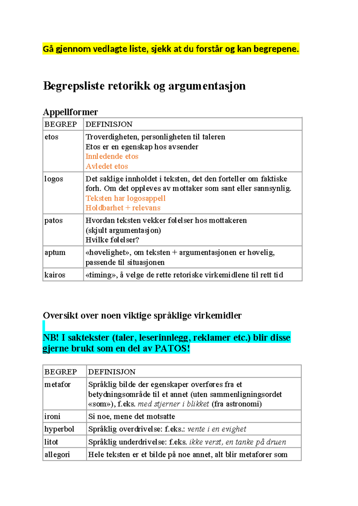 Retorikk 101: Oversikt over Appellformer og Språklige Virkemidler - Studocu