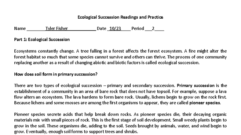 Ecological Succession Worksheet: Understanding Ecosystem Changes - Studocu