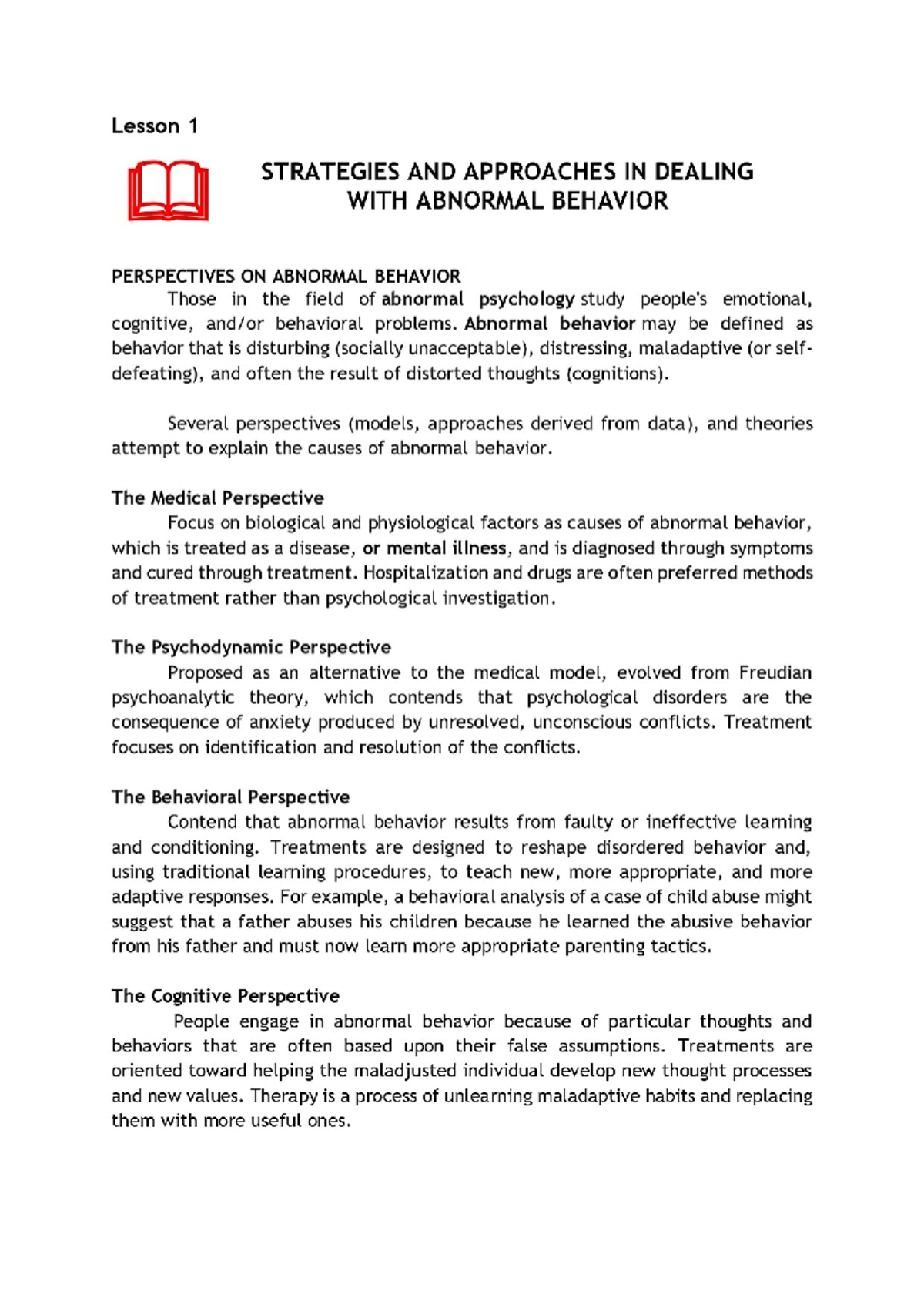 Strategies and Approaches in Dealing Abnormal Behaviour - BS Criminology - Studocu