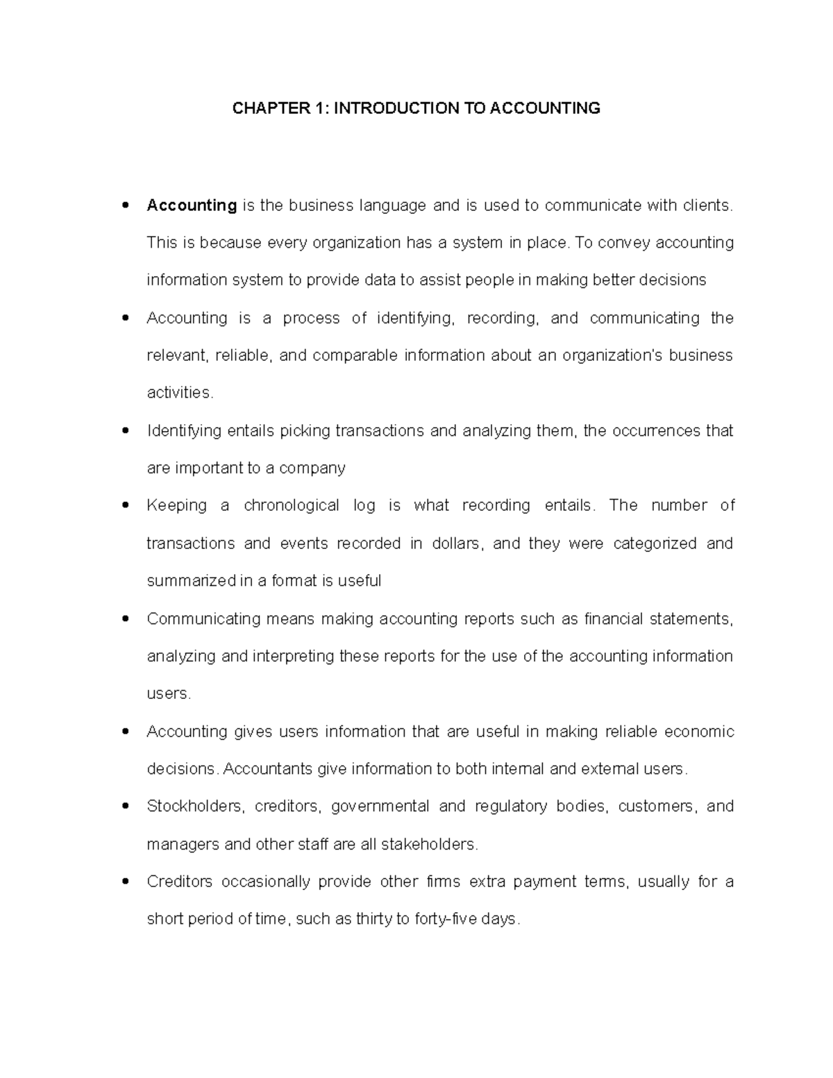 Chapter 1- Introduction TO Accounting - CHAPTER 1: INTRODUCTION TO ACCOUNTING Accounting is the ...