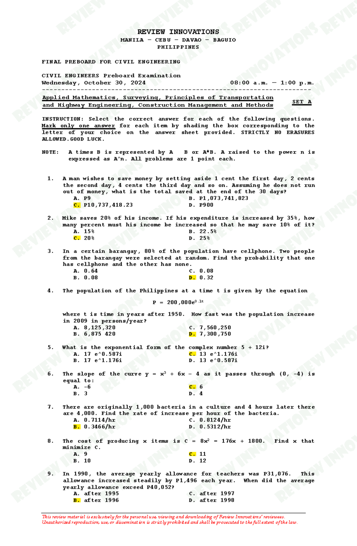 Preboard Exam 3 MSTE: Review for Civil Engineering Concepts and Problems - Studocu