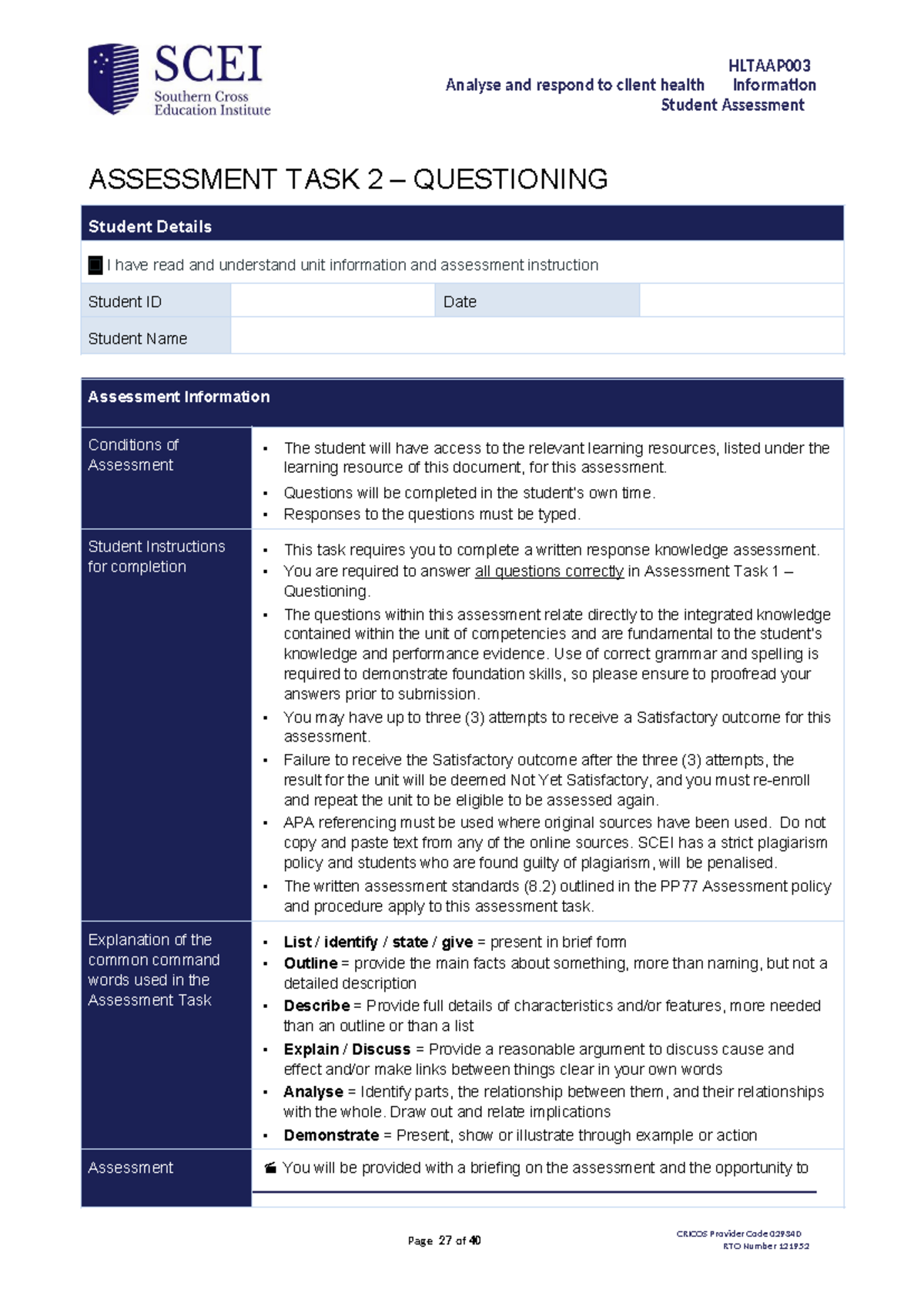 HLTAAP003 Assessment Task 2: Client Health Information Analysis - Studocu
