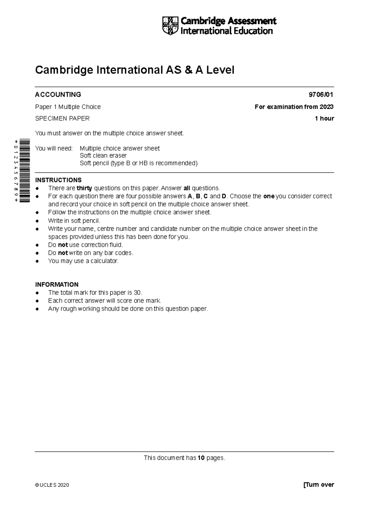 Cambridge International AS & A Level Accounting 9706/01 Specimen Paper ...