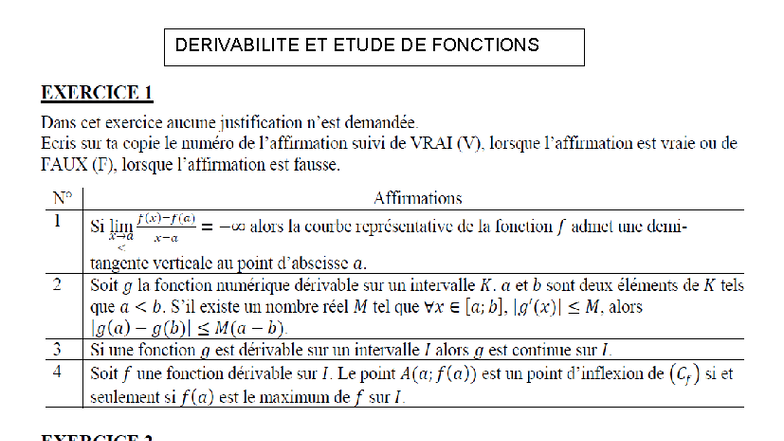 Exercice sur la Dérivabilité et Étude de Fonctions - DER 101 - Studocu