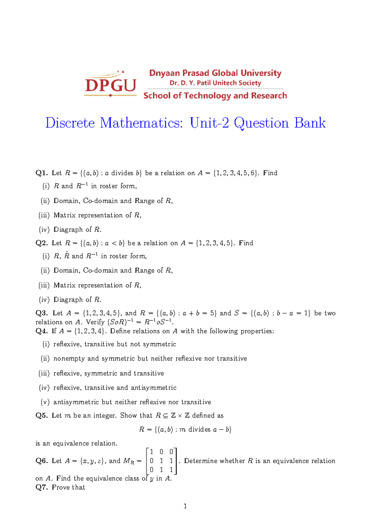 DM QB Unit 2: Discrete Mathematics Question Bank - Studocu