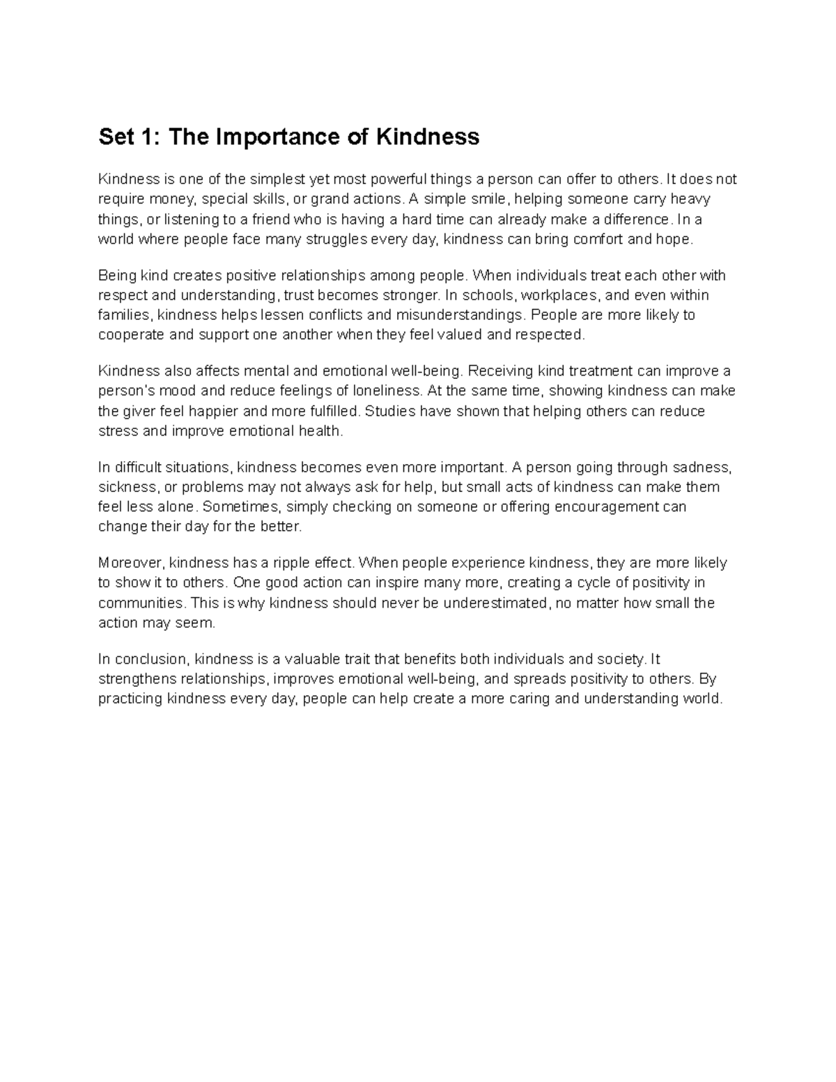 Set 1: The Power of Kindness in Building Relationships - Studocu