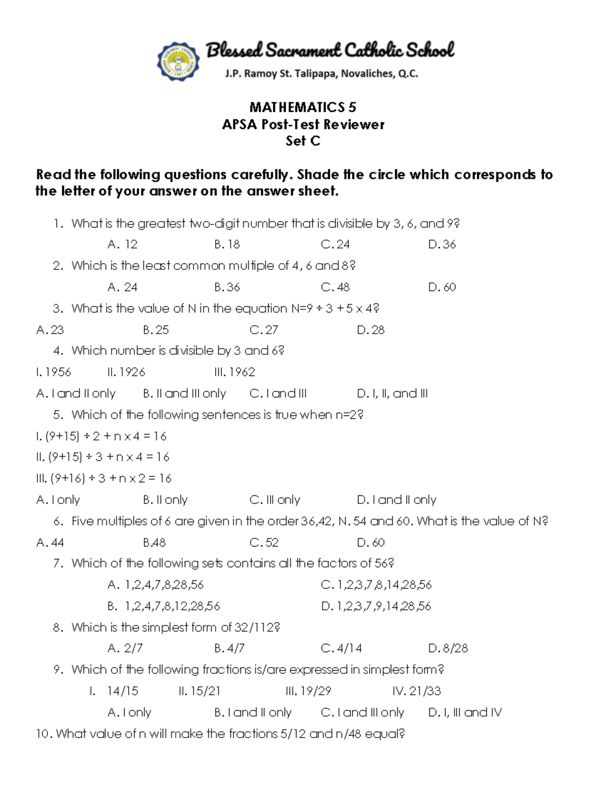 MATH 5 APSA Post-Test Reviewer - Set C with Practice Questions - Studocu