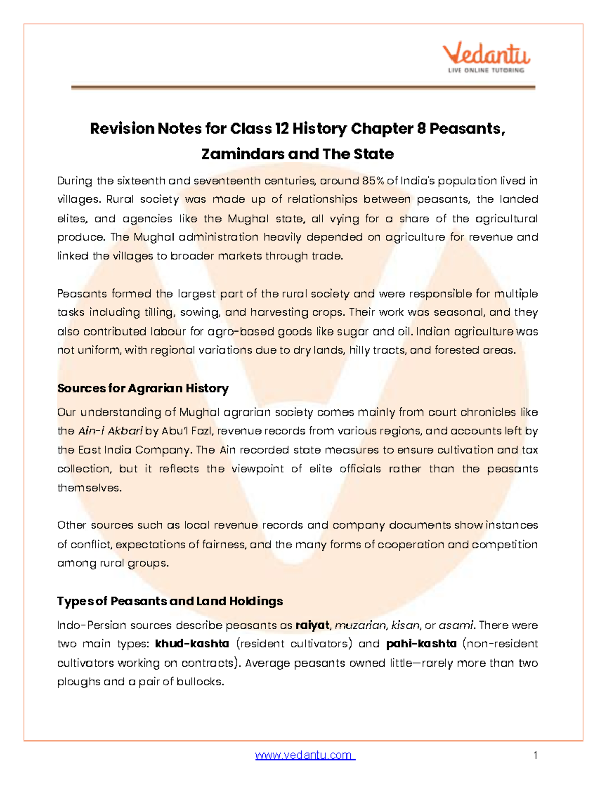 Revision Notes for Class 12 History: Chapter 8 - Peasants and Zamindars ...