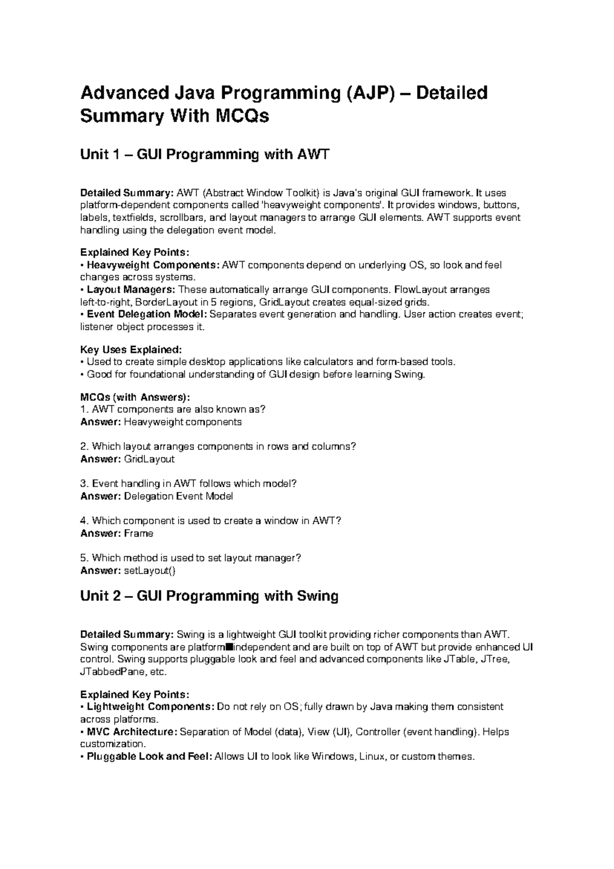 AJP - Advanced Java Programming Summary with MCQs - Studocu