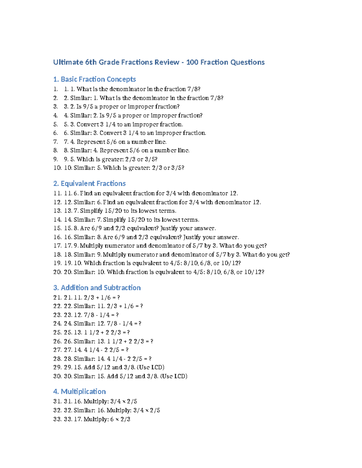 6th Grade Math: 100 Fraction Questions Review - Studocu