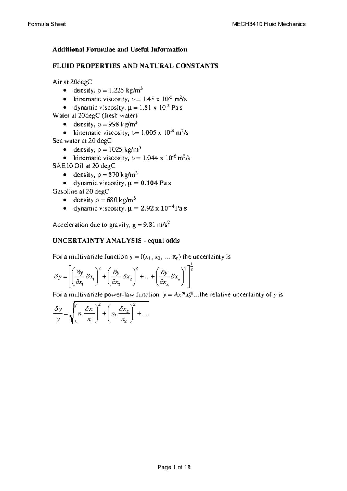 MECH3410 Comprehensive Fluid Mechanics Formula Sheet - Studocu