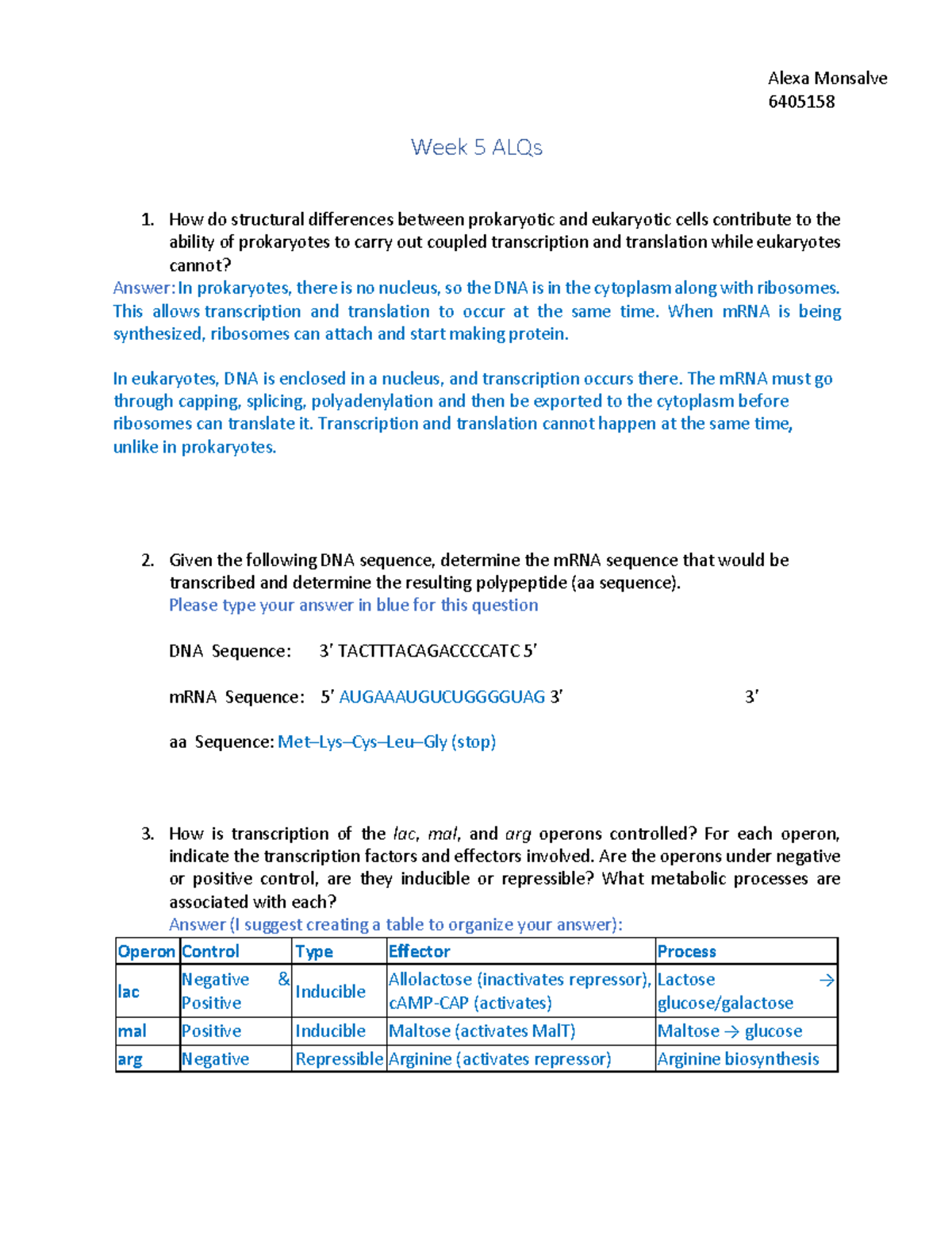 Module 5 ALQs - Prokaryotic vs Eukaryotic Transcription & Translation ...