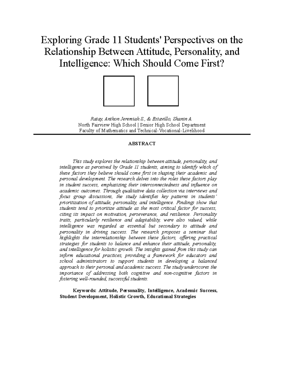Grade 11 Perspectives on Attitude, Personality, and Intelligence: A ...