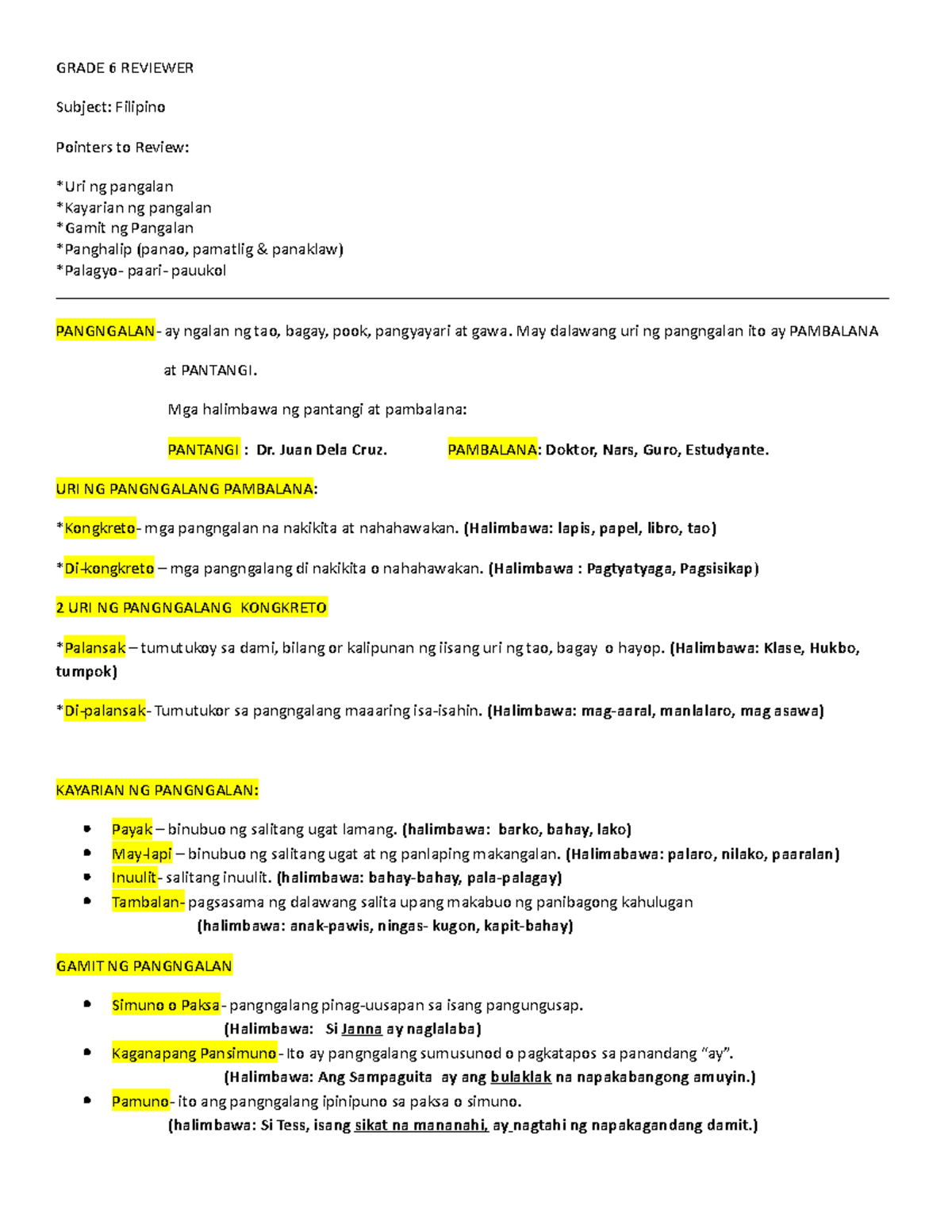 Grade 6 Filipino Review: Pangngalan at Panghalip Concepts - Studocu
