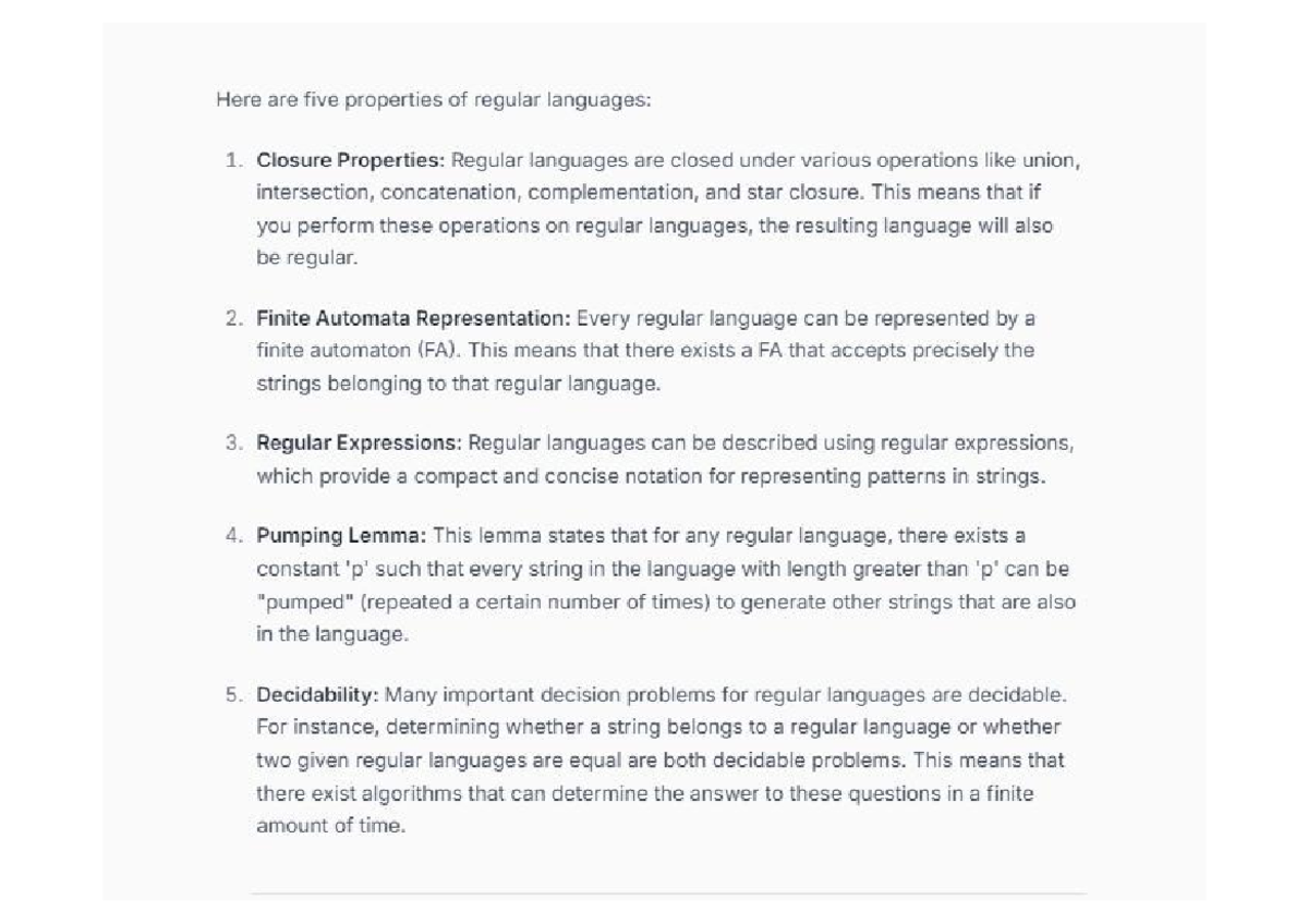 TCS UT - asf - Here are five properties of regular languages: 1. Closure Properties: Regular ...