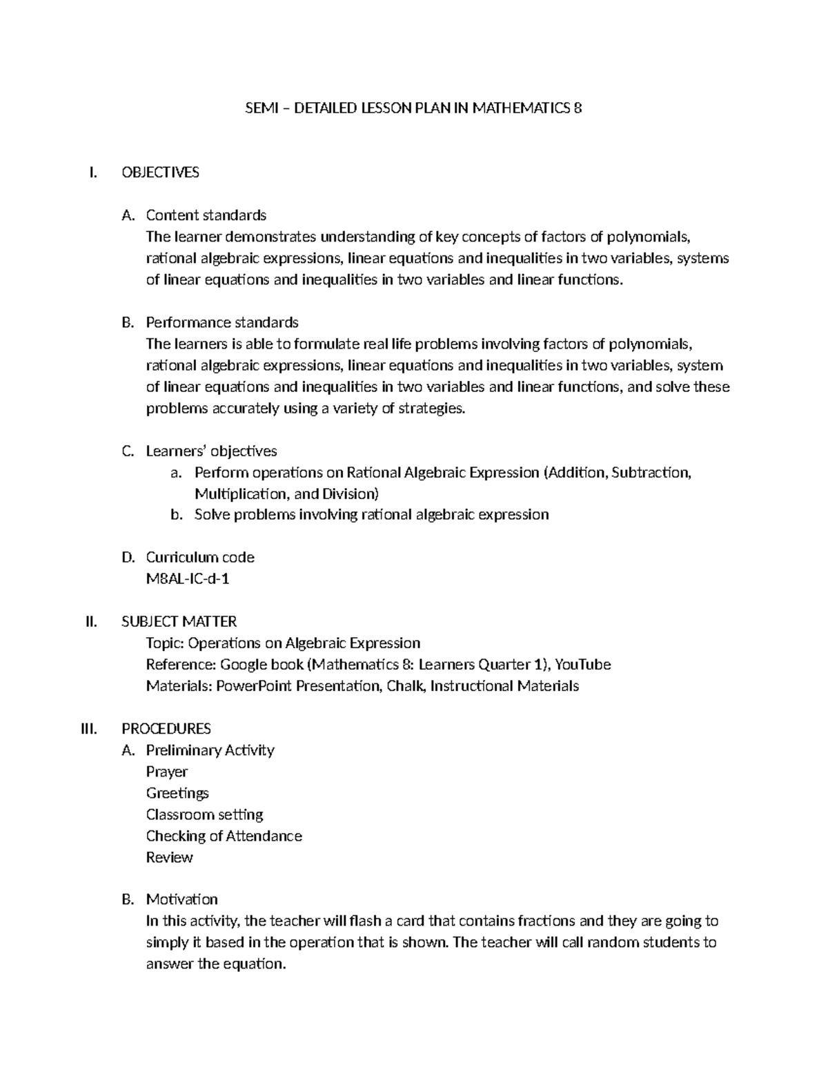 Operations ON Algebraic Expression - SEMI – DETAILED LESSON PLAN IN ...