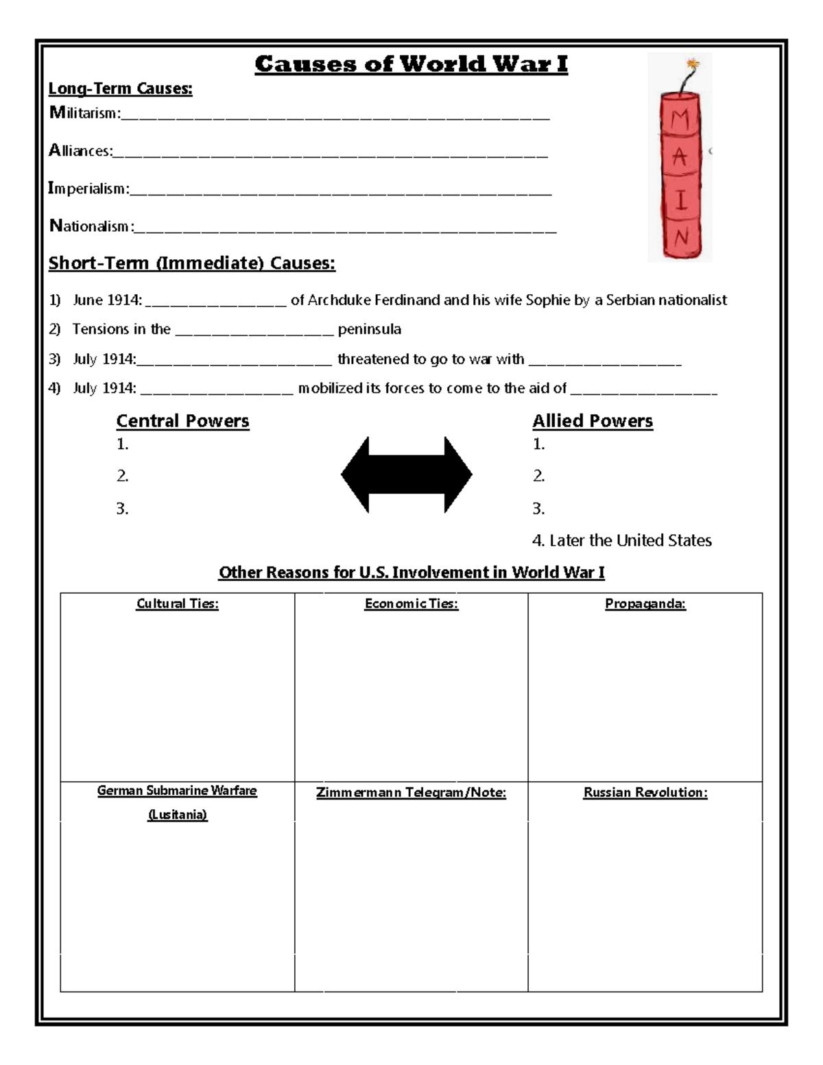 Causes of WWI Work Sheet - Causes of World War I Long-Term Causes ...