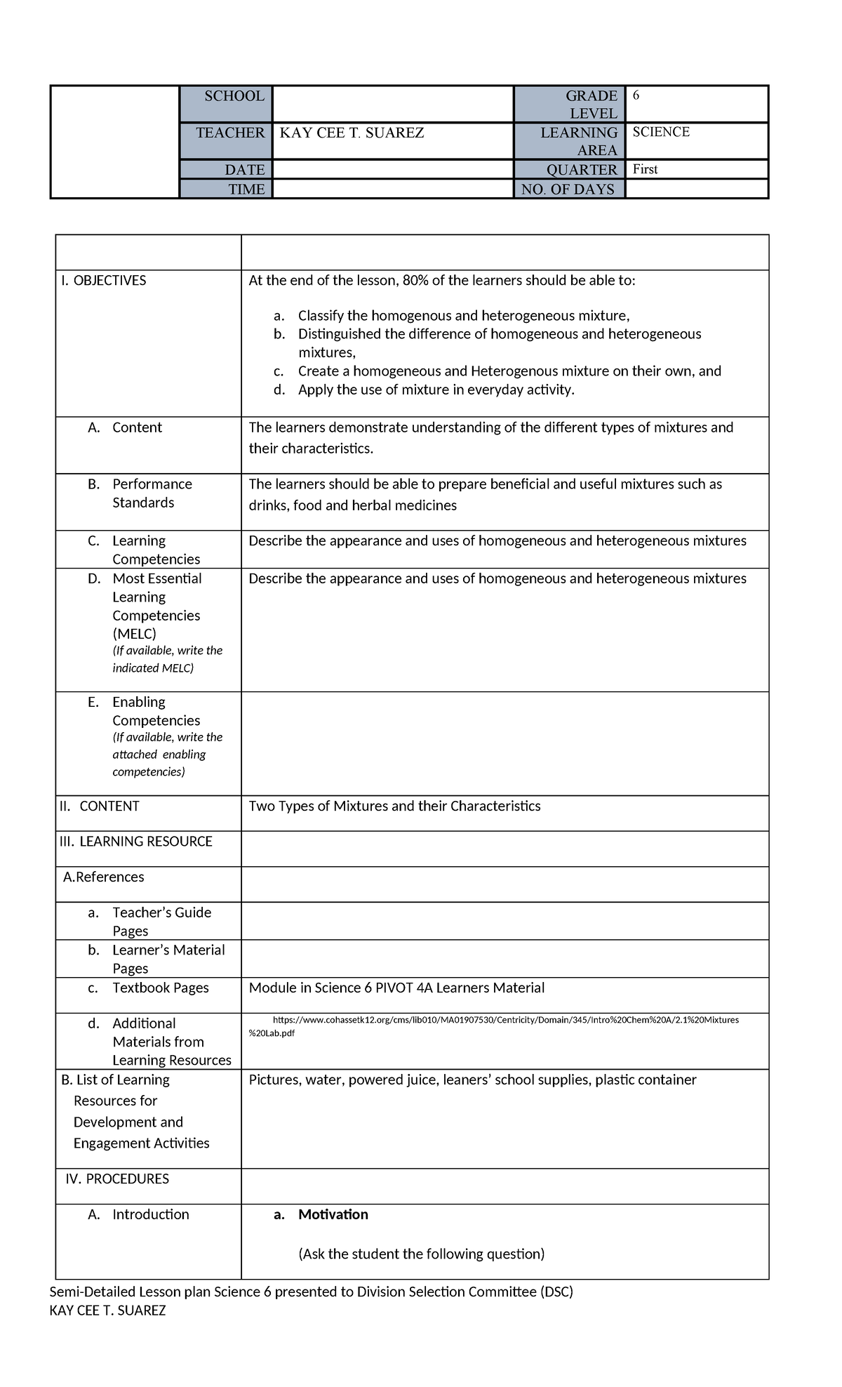 Grade 6 Science Lesson Plan on Mixtures: Homogeneous vs. Heterogeneous ...