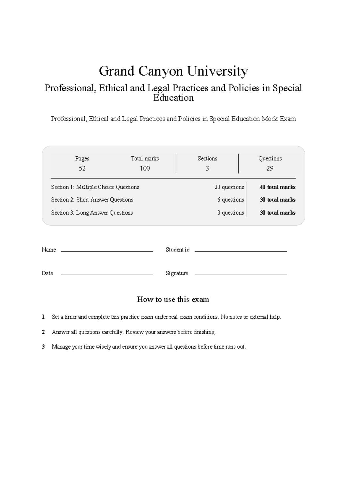 GCU SPED 501 Mock Exam: Professional, Ethical & Legal Practices - Studocu