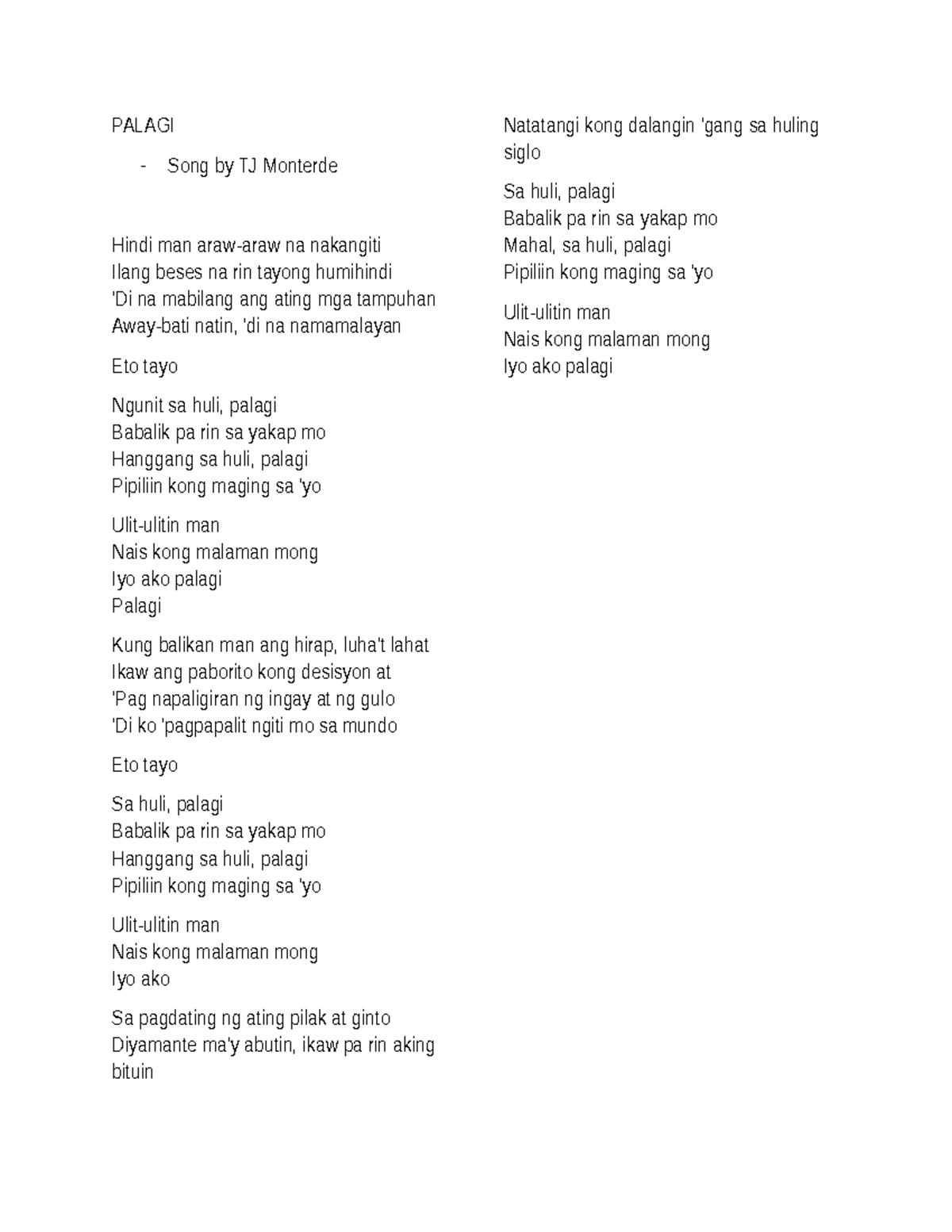 Palagi - Song Analysis and Lyrics Summary - Studocu