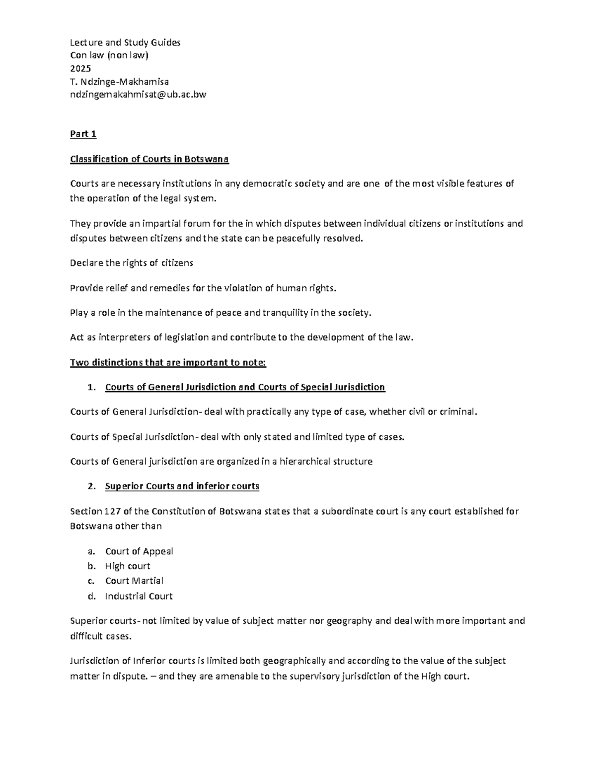 Lecture Notes on Classification of Courts in Botswana (Con Law 2025 ...