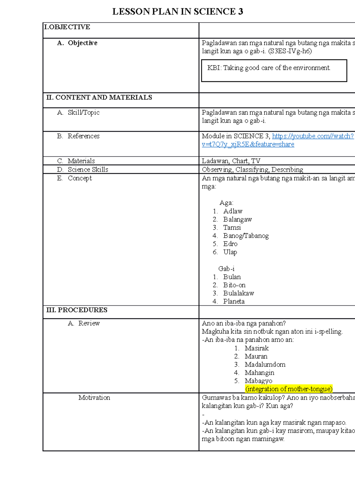 Science 3 Lesson PLAN - LESSON PLAN IN SCIENCE 3 I A. Objective ...