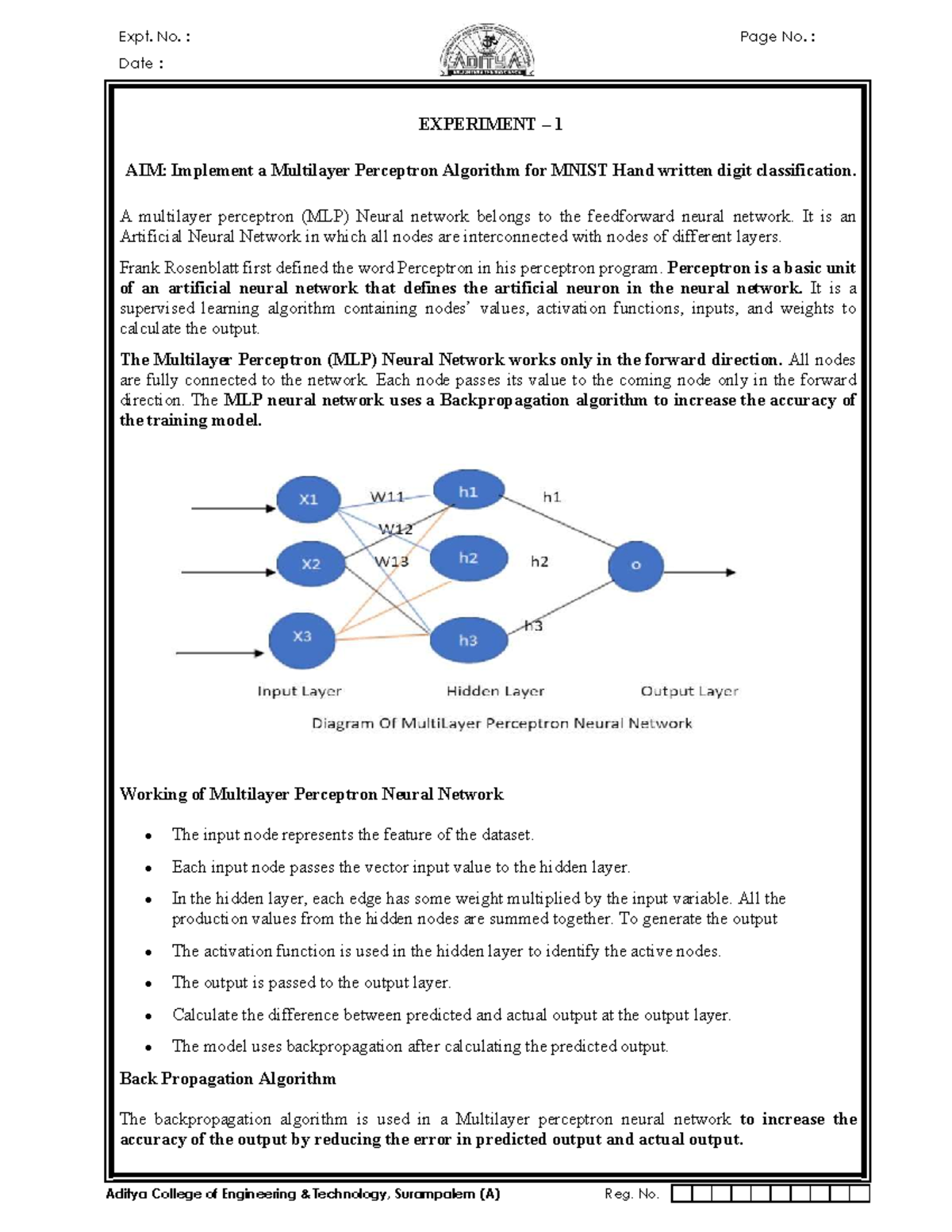 DL LAB (CS101) - Final Lab Record: MLP for MNIST & Neural Networks - Studocu