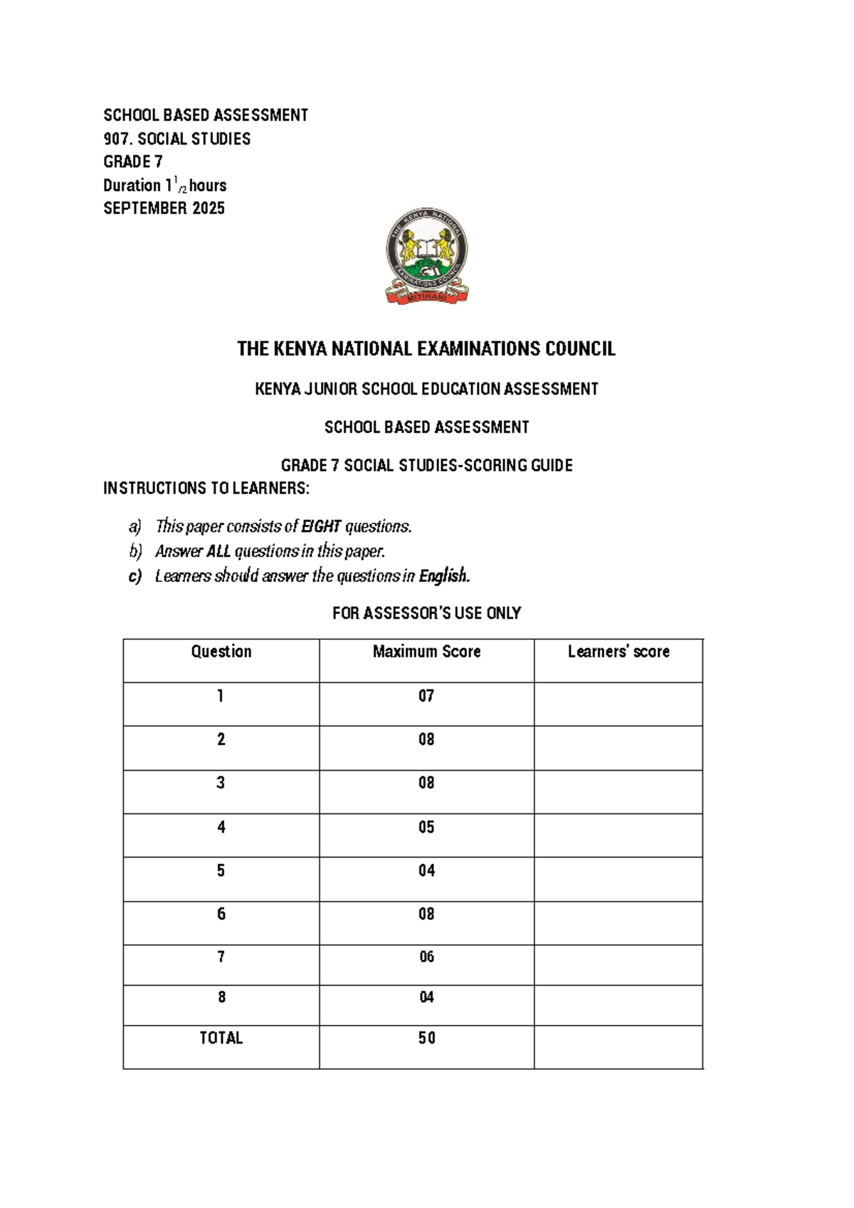 Grade 7 Social Studies School Based Assessment 907 - September 2025 ...
