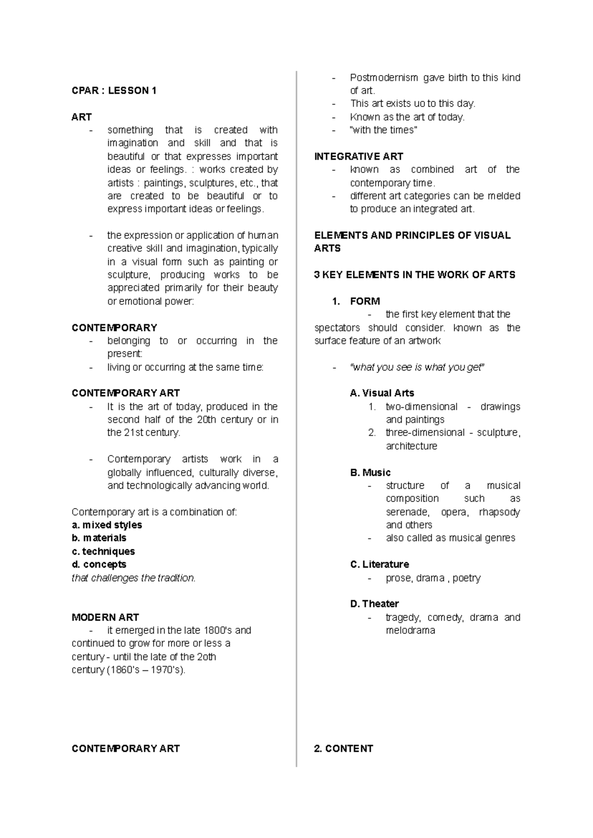 CPAR - Lesson 1: Elements & Principles of Visual Arts Overview - Studocu